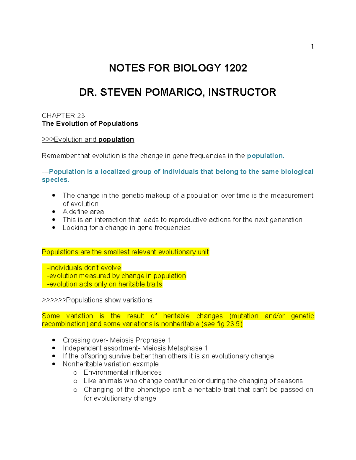 Chapter 23 - Lecture notes 23 - 1 NOTES FOR BIOLOGY 1202 DR. STEVEN ...