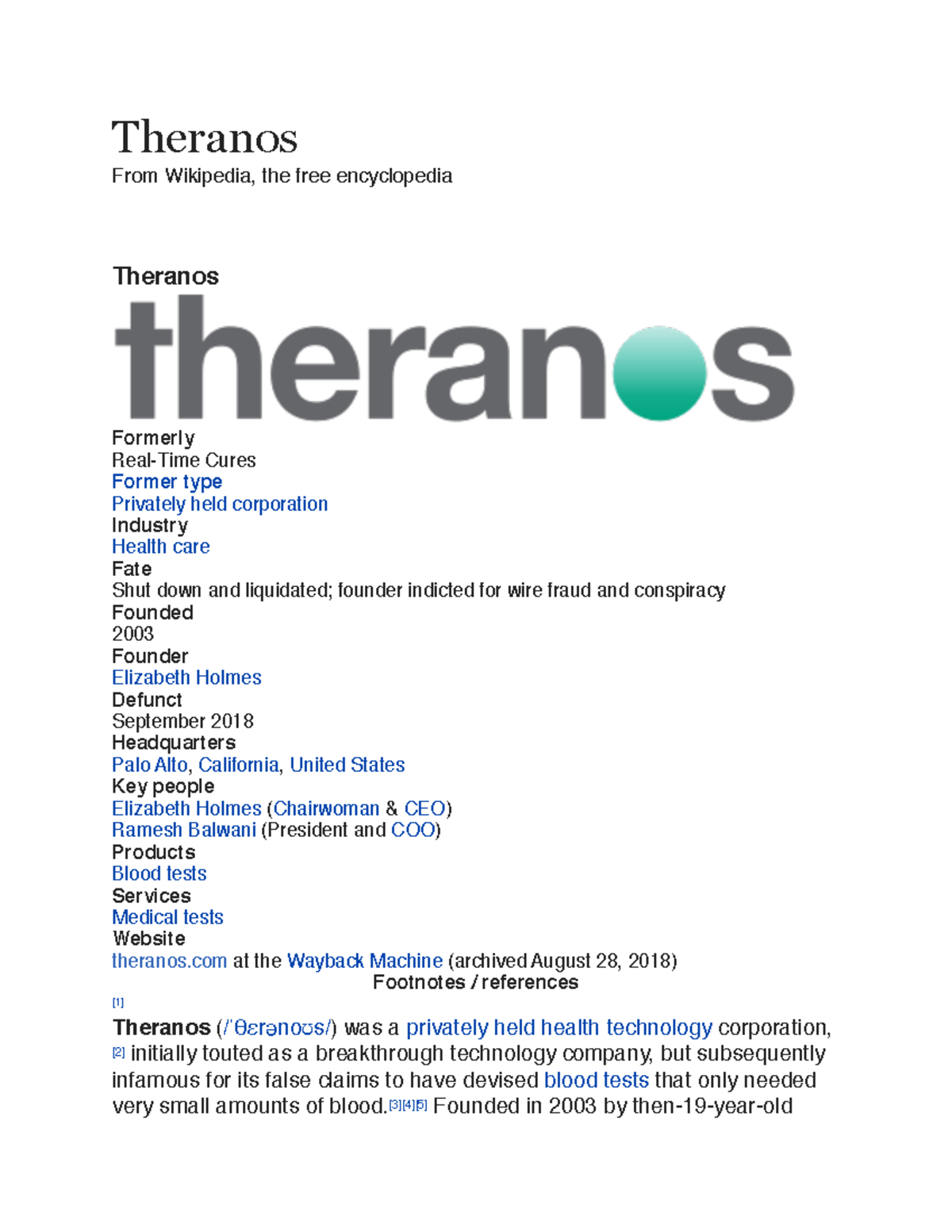 2f. 2thics Theranos pdf - handout - Theranos From Wikipedia, the free ...