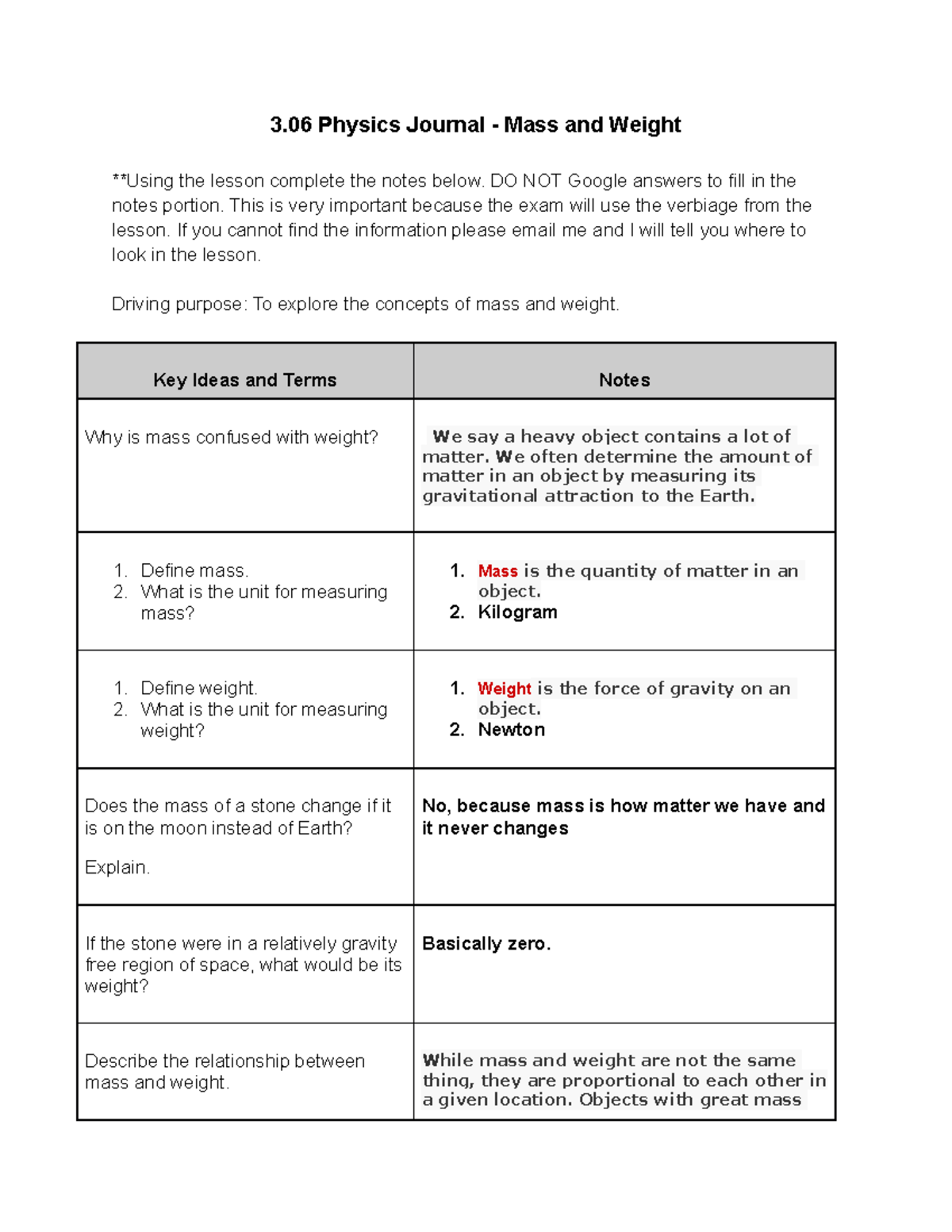 Copy of 3.06 Physics Journal - Mass and Weight - 3 Physics Journal ...