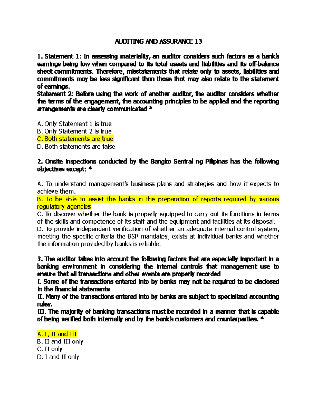 Auditing AND Assurance 13 - AUDITING AND ASSURANCE 13 Statement 1 : In ...
