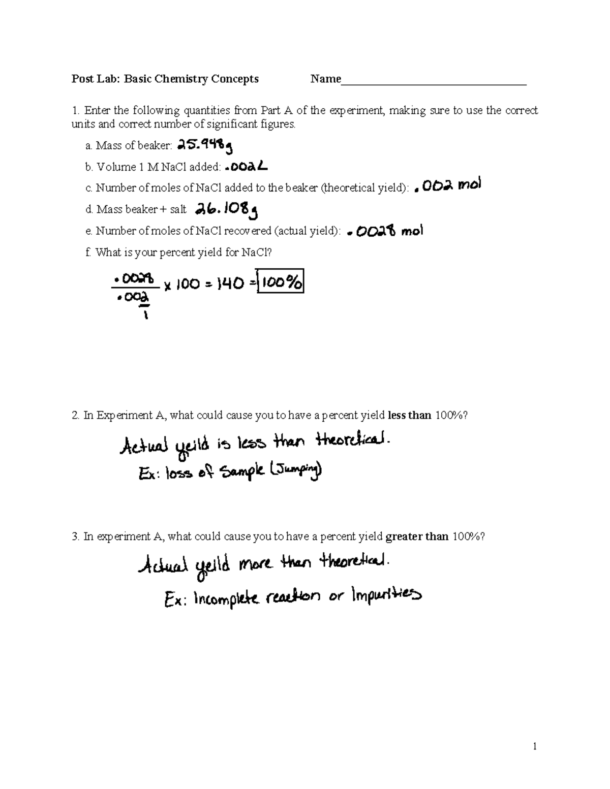 Chem Concepts Post-Lab 3 - Post Lab: Basic Chemistry Concepts Name