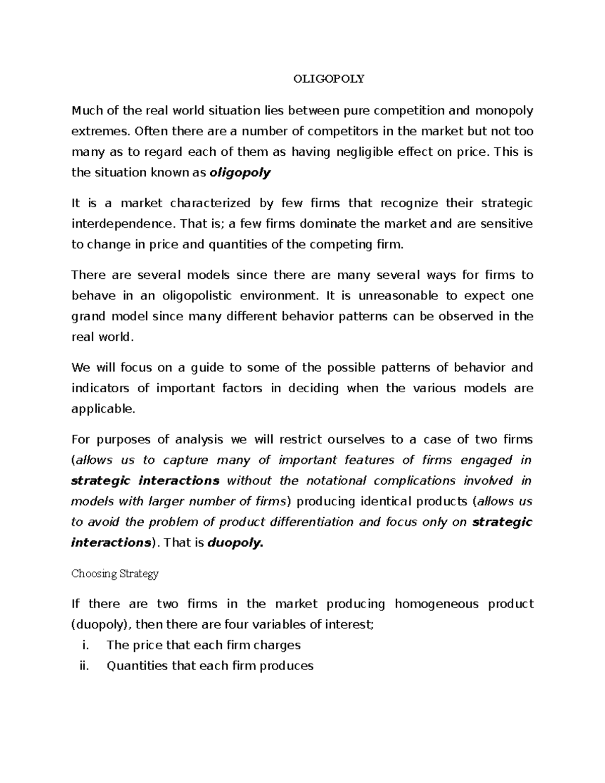 Oligopoly Lecture Notes For The Course Plus Practice Assigments To