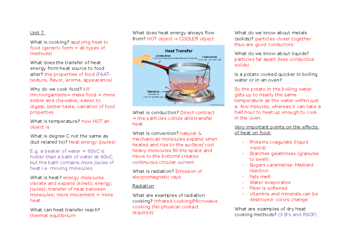 Unit 7 - Lecture notes - Unit 7 What is cooking? applying heat to food ...