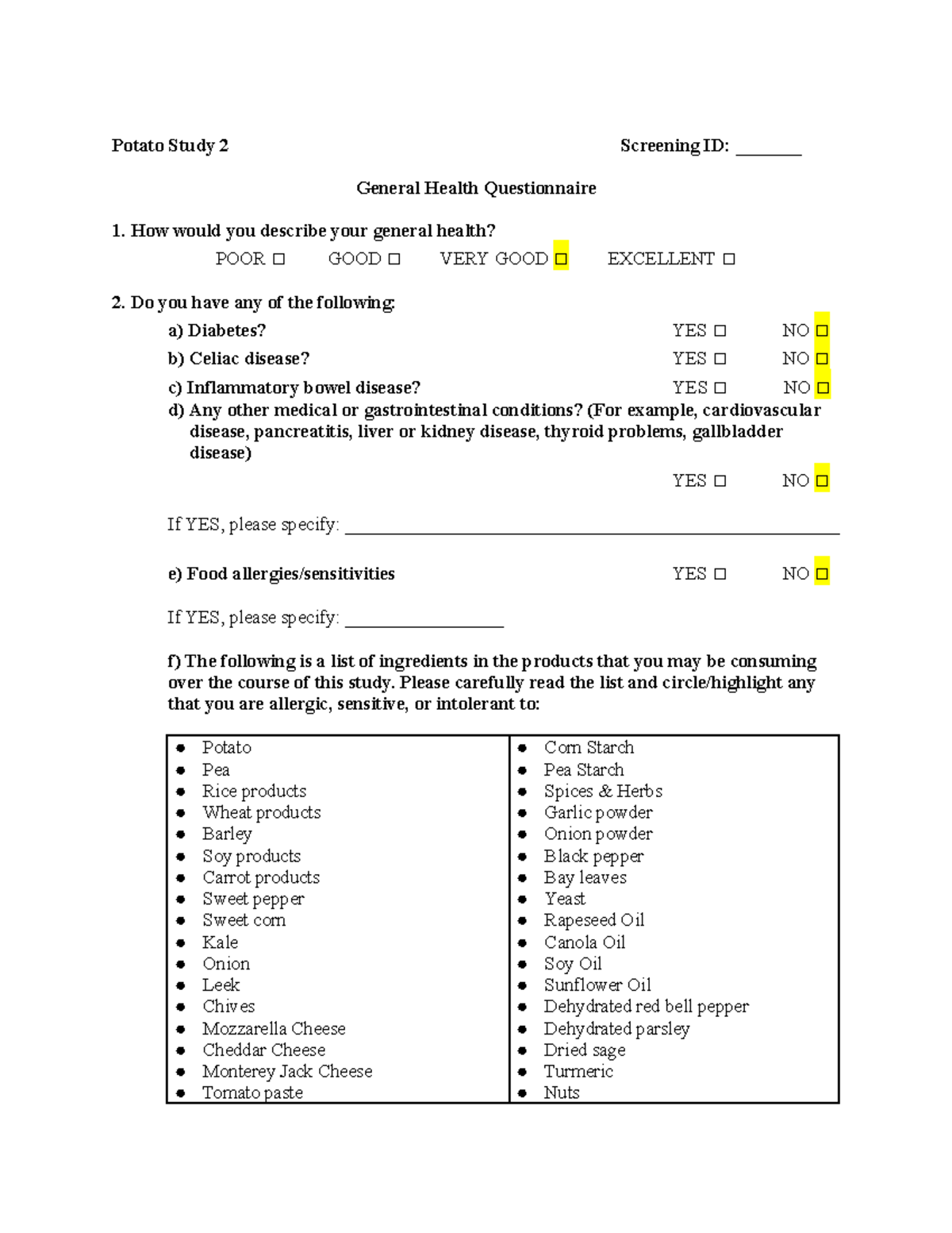 General Health Questionnaire - Study 2.docx - Potato Study 2 Screening ...