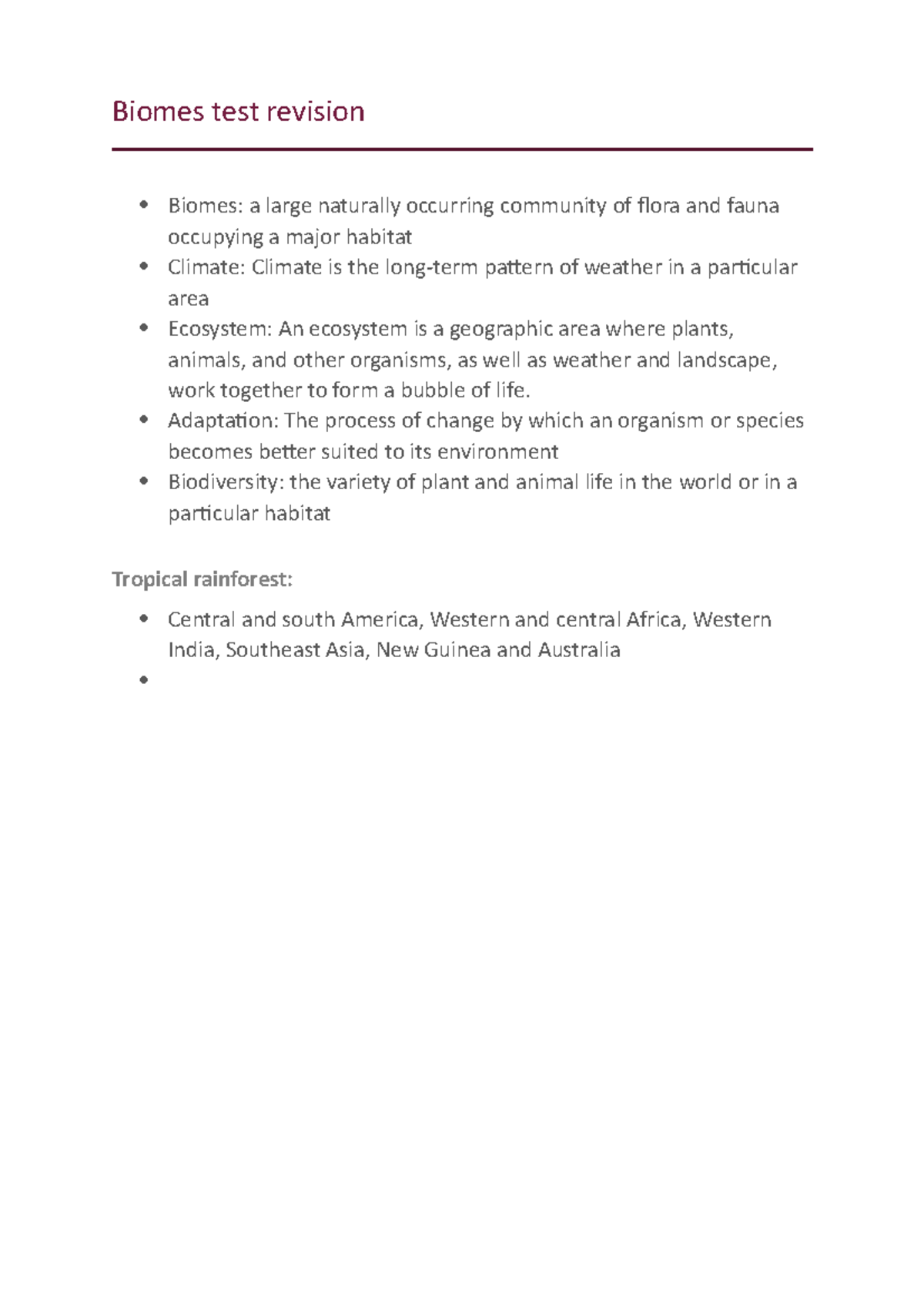 Biomes test revision - kjfnvlevl;v - Biomes test revision Biomes: a ...