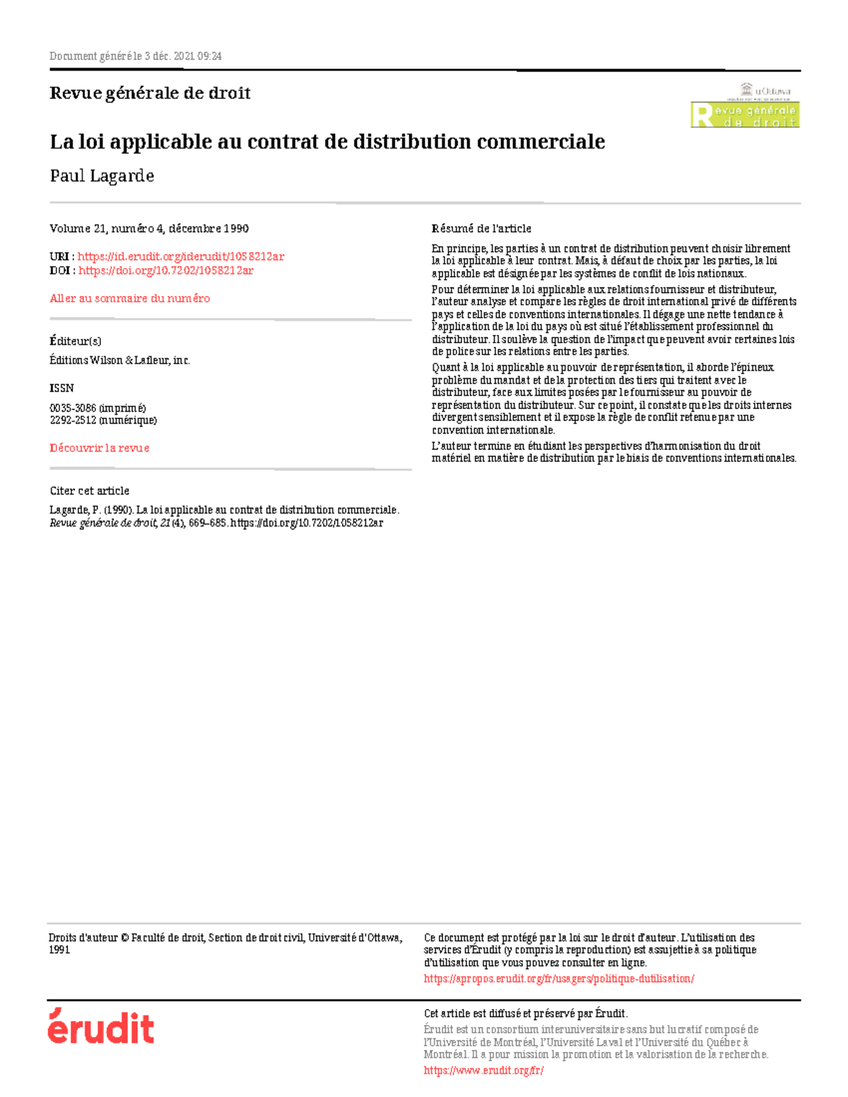 La loi applicable au contrat de distribution commerciale ar - Droits d ...