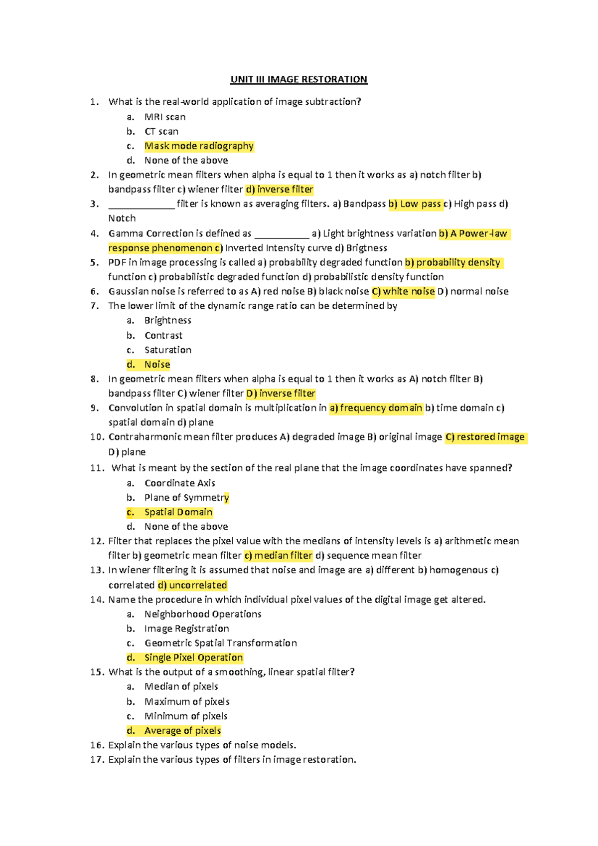 DIP U3 QB - dip qustions - UNIT III IMAGE RESTORATION What is the real ...