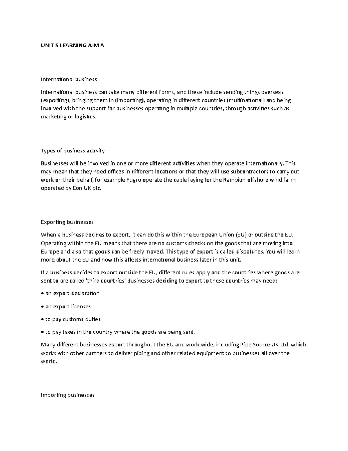 Pearson BTEC National Business Unit 5 Learning Aim A - UNIT 5 LEARNING ...