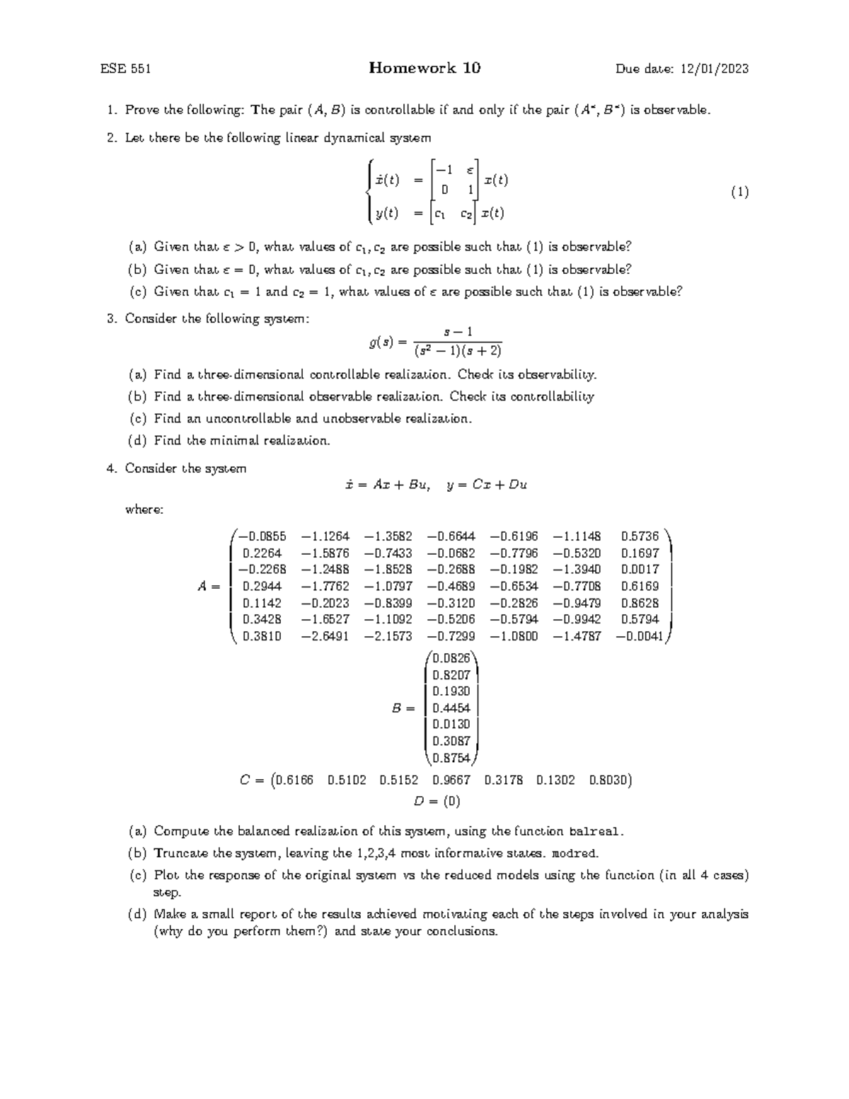 Hm10 - NONE - ESE 551 Homework 10 Due date: 12/01/ Prove the following: The pair (A, B) is - Studocu