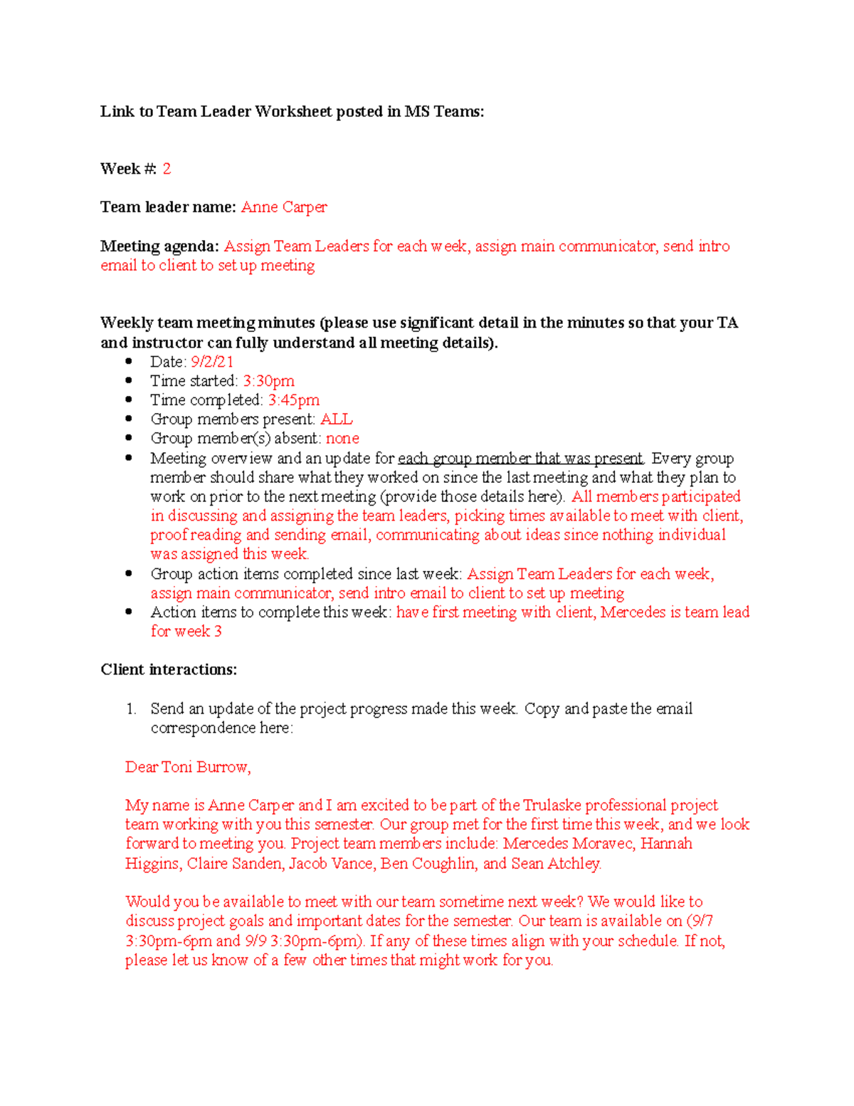 BA3500 Team Leader - Link to Team Leader Worksheet posted in MS Teams ...