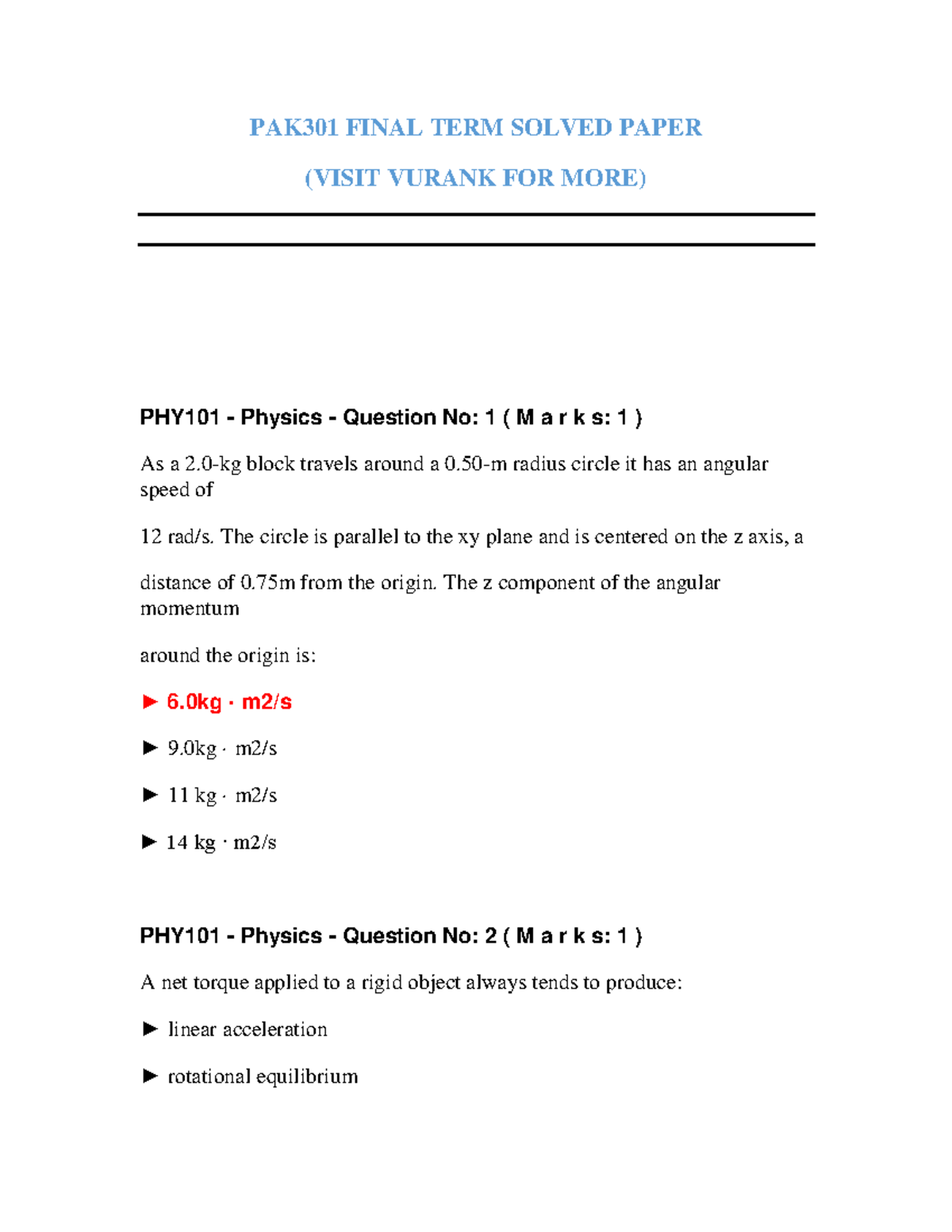 PHY101 Final TERM SOlved Complete Paper - PAK301 FINAL TERM SOLVED PAPER (VISIT VURANK FOR MORE ...