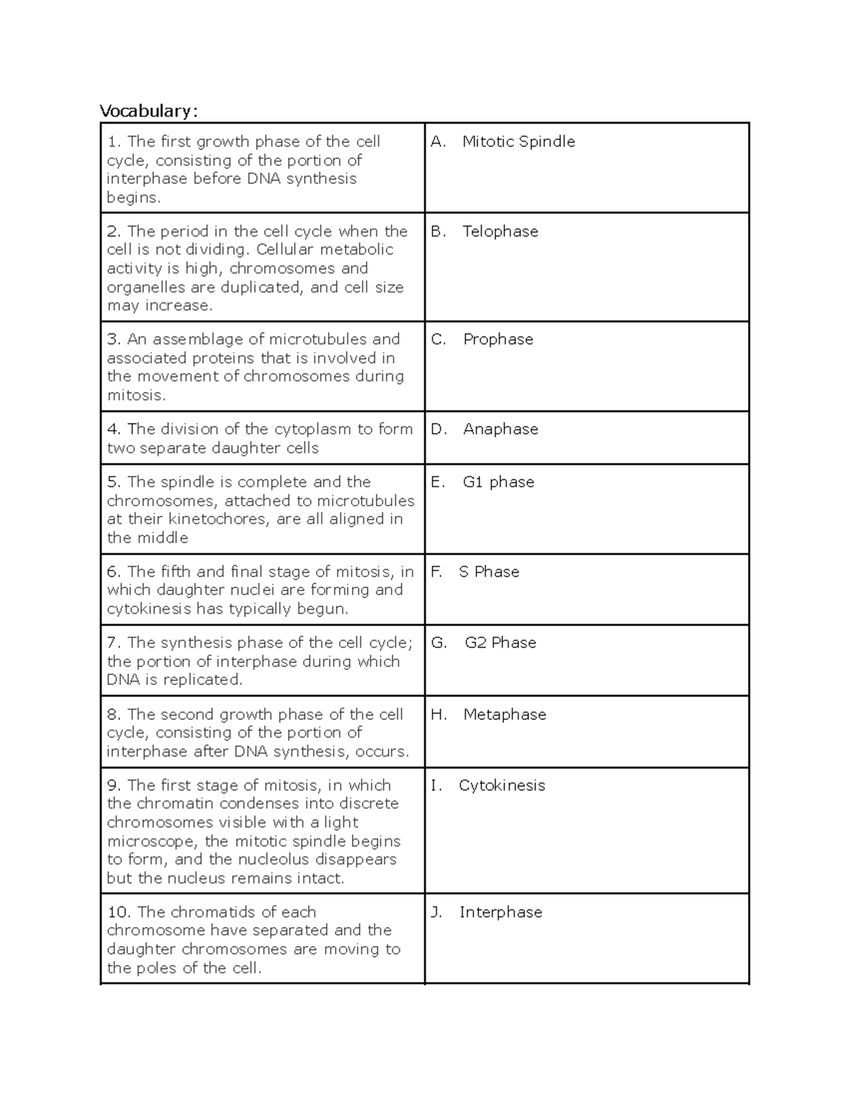 Mitosis Worksheet - Review Assignment - Vocabulary: The first growth ...