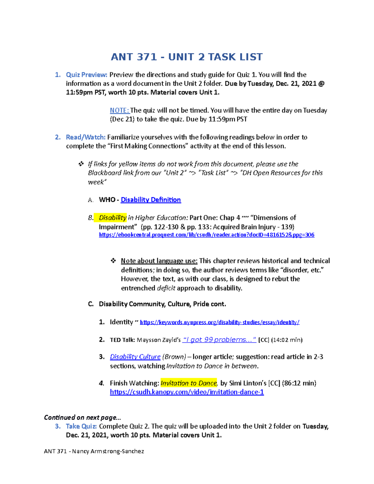 UNIT 2 TASK LIST - The task list for Unit 2 - ANT 371 - UNIT 2 TASK ...