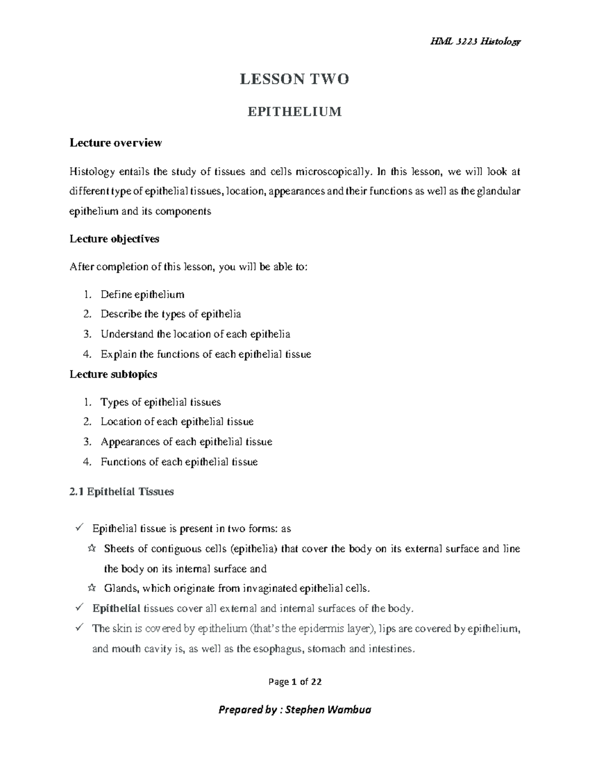 Lesson 2 Epithelium - medical notes - Page 1 of 22 LESSON TWO ...