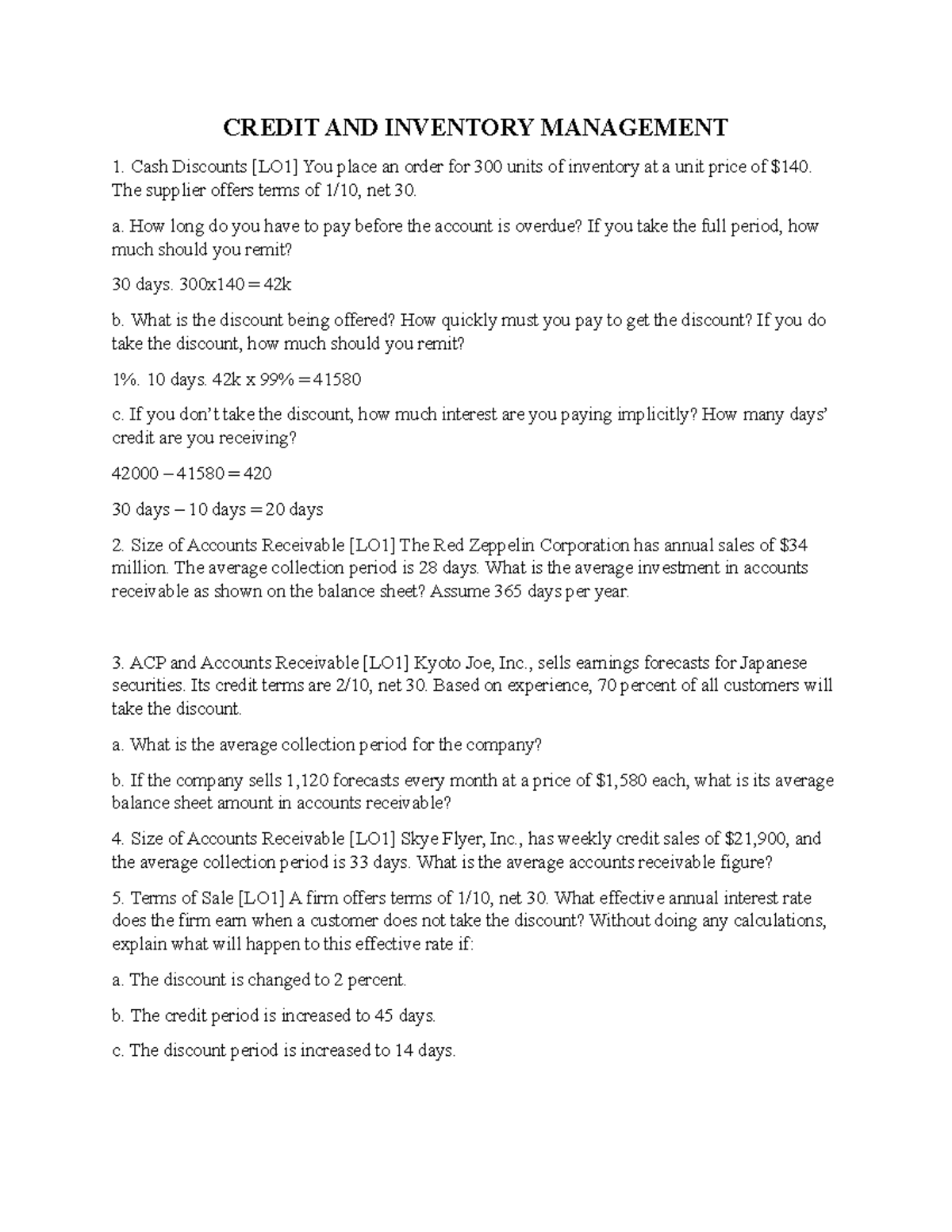 Receivables - Homework - CREDIT AND INVENTORY MANAGEMENT Cash Discounts ...