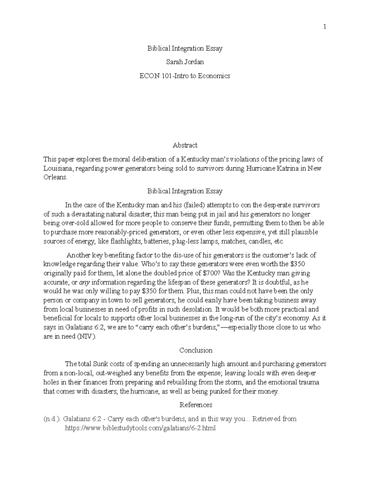 ECON 101- Biblical Integration Essay 1 - 1 Biblical Integration Essay ...