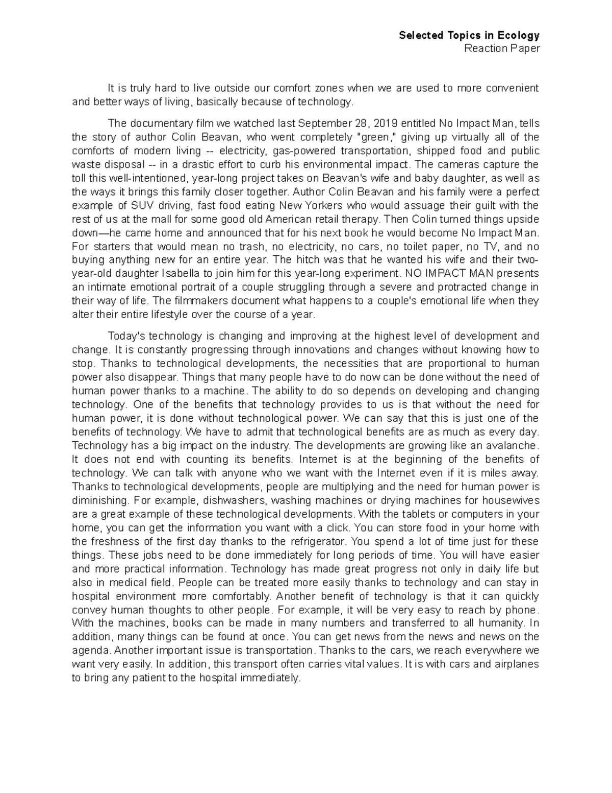 Reaction Paper On The Documentary Film No Impact Man Reaction Paper