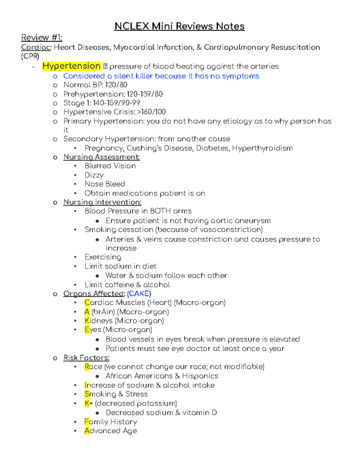 Nclex Mini Reviews Notes - NCLEX Mini Reviews Notes Review #1: Cardiac ...