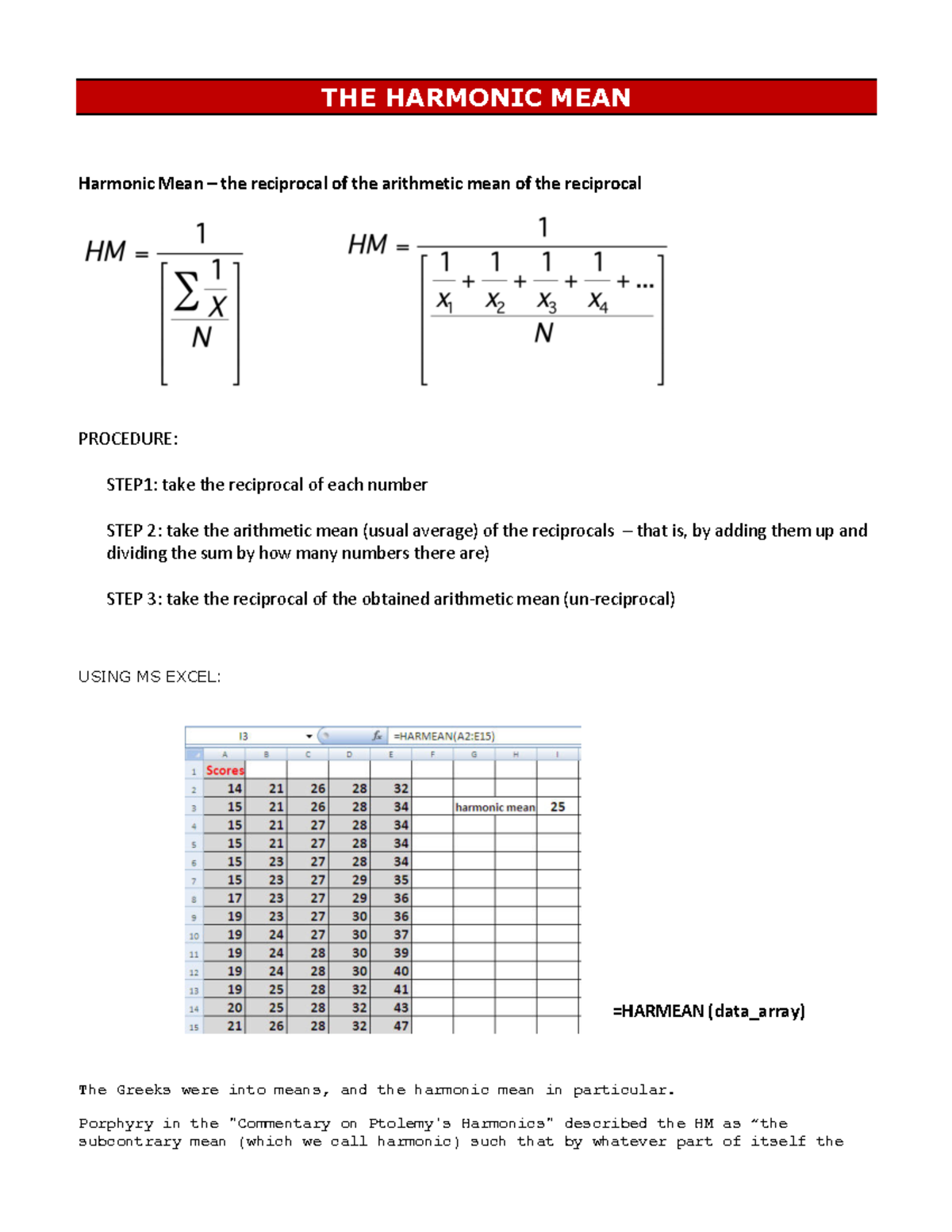 04 - Lecture notes 4 - THE HARMONIC MEAN Harmonic Mean – the reciprocal ...
