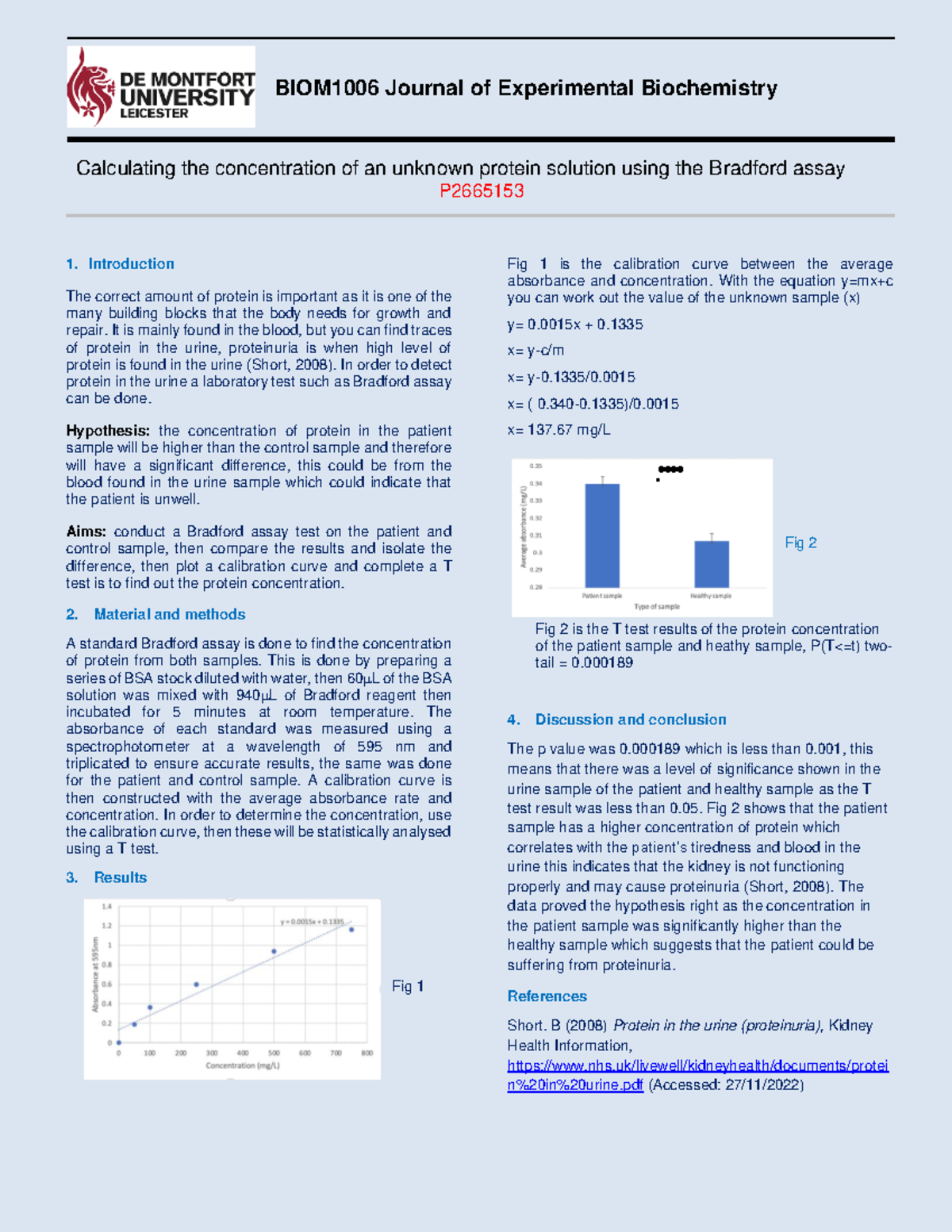 BIOM1006 Assessed Practical lab report 2 - Introduction The correct amount of protein is ...
