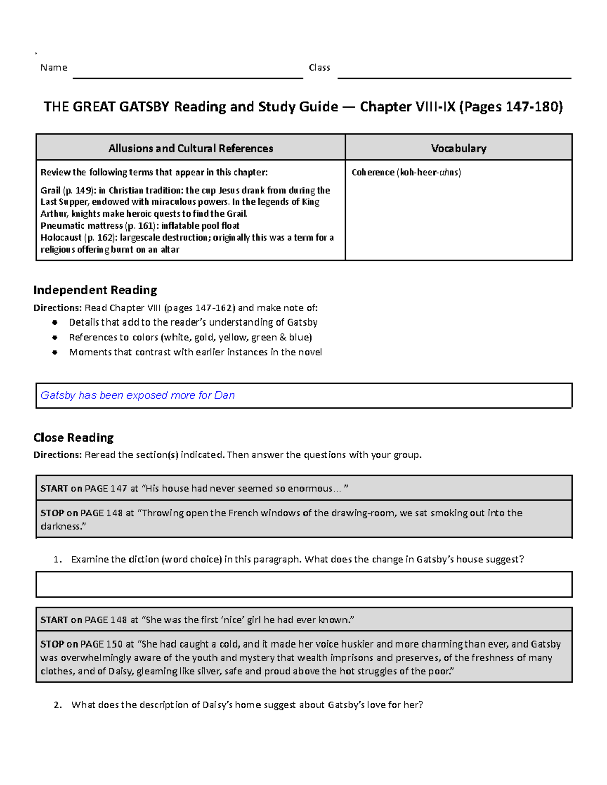 Max Hoovler - The Great Gatsby Reading and Study Guide - p. 147-180 - b ...