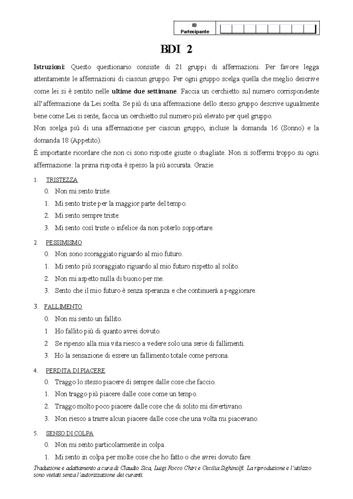 BDI II questionario - Partecipante BDI 2 Istruzioni: Questo ...