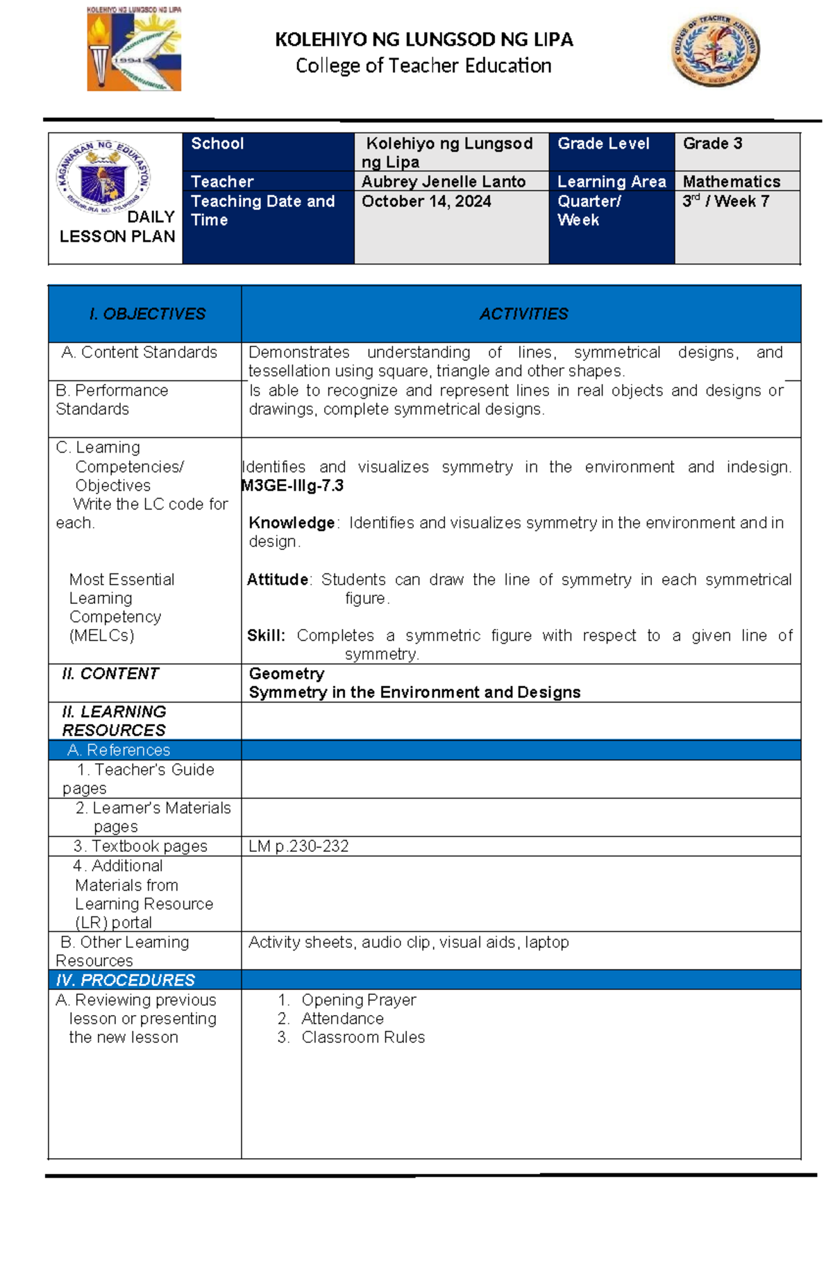 Math lp - mATH LESSON PLAN - College of Teacher Education DAILY LESSON ...