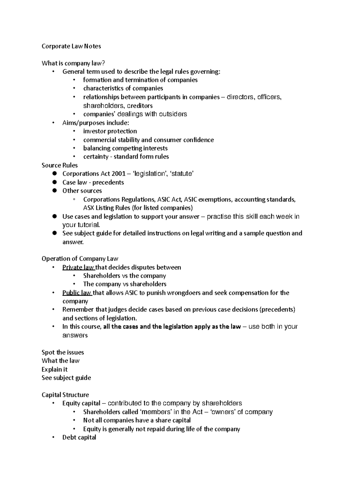 Corporate Law Notes - See subject guide for detailed instructions on ...