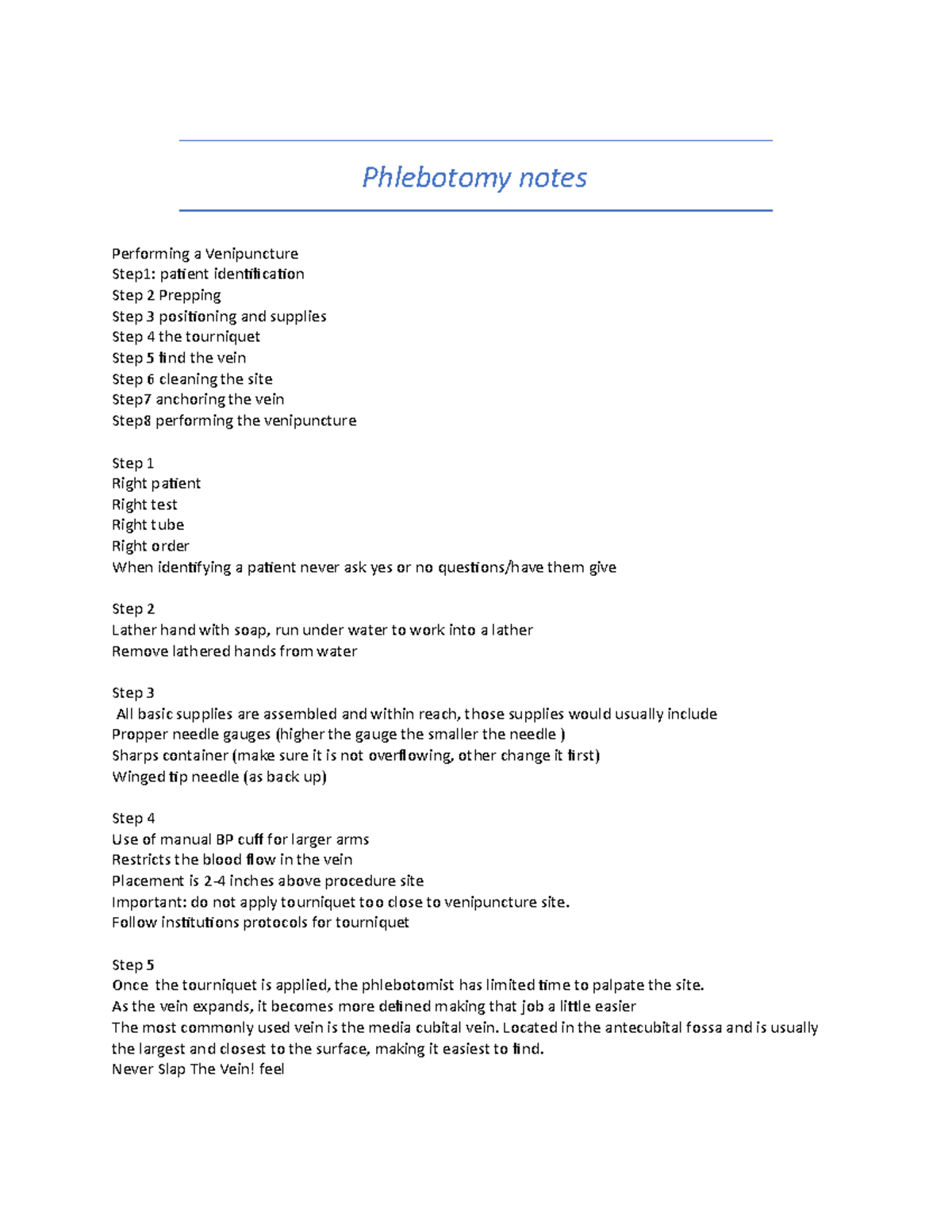 Phlebotomy notes 2 - Phlebotomy notes Performing a Venipuncture Step1 ...
