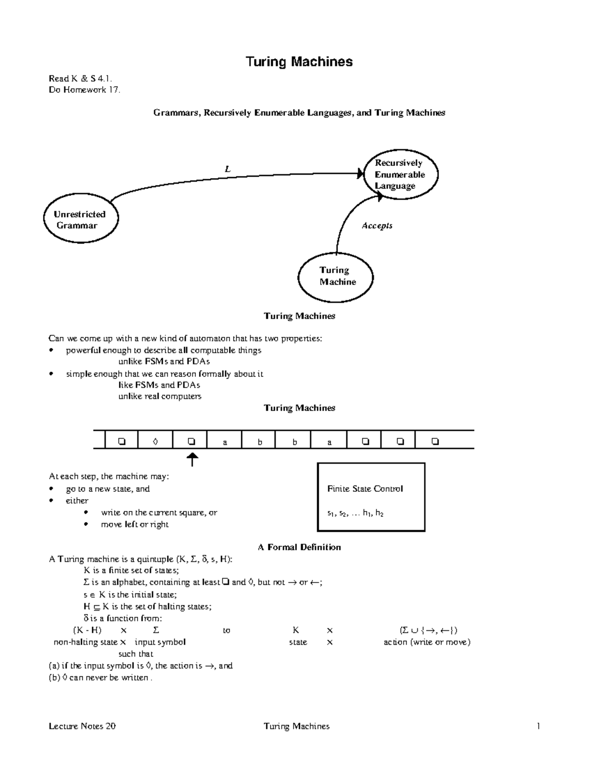 Turing - Notes on the Definition 1. The input tape is infinite to the ...