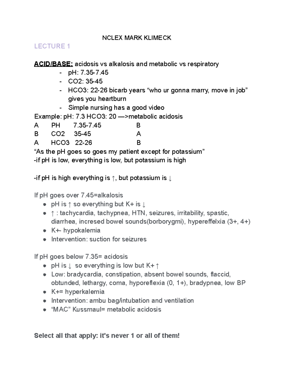MARK K Nclex Review Sheet - NCLEX MARK KLIMECK LECTURE 1 ACID/BASE ...