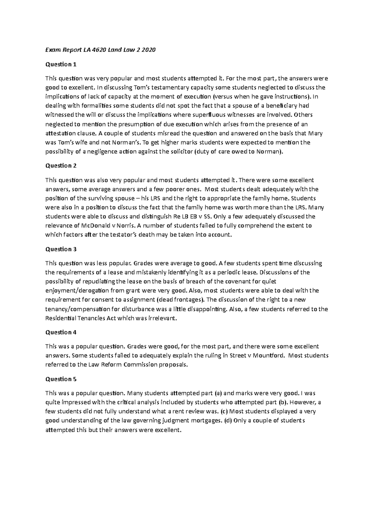 Exam Report Land Law 2 2020 - Exam Report LA 4620 Land Law 2 2020 ...
