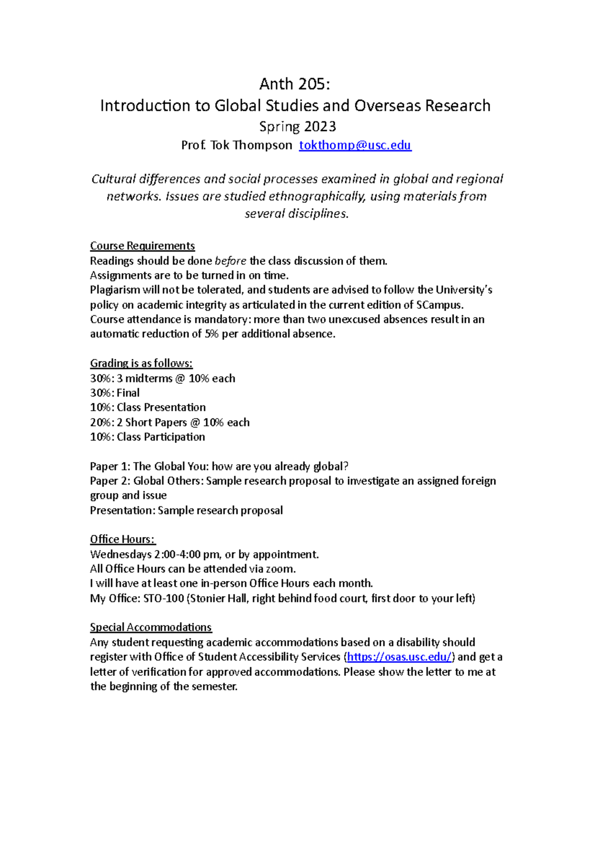 Anth 205 Syllabus Sp 2023 - Anth 205: Introduction to Global Studies ...