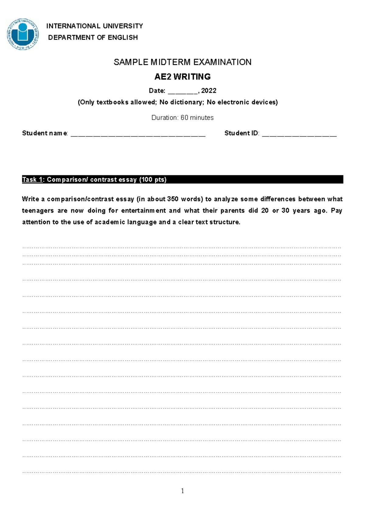 Sample AE2 Writing - midterm test-new - INTERNATIONAL UNIVERSITY ...