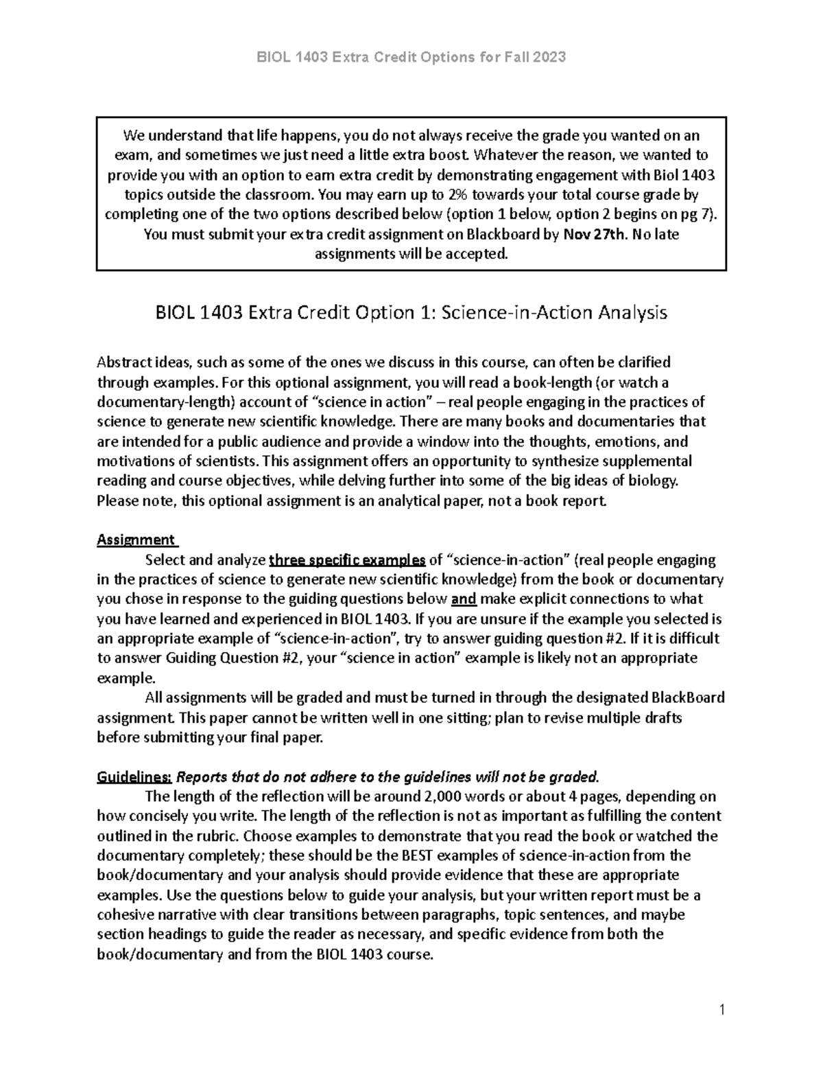BIOL 1403 Extra Credit Options - We understand that life happens, you ...