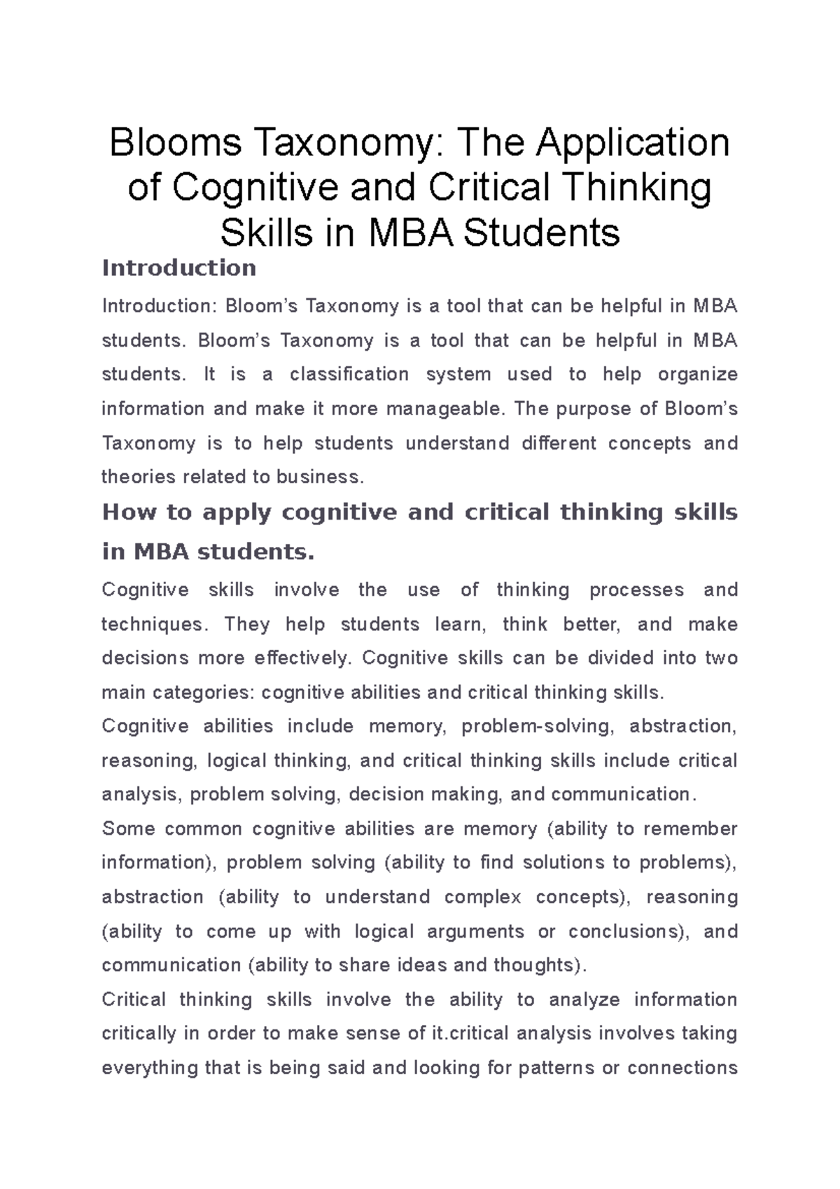 Blooms Taxonomy The Application of Cognitive and Critical Thinking ...