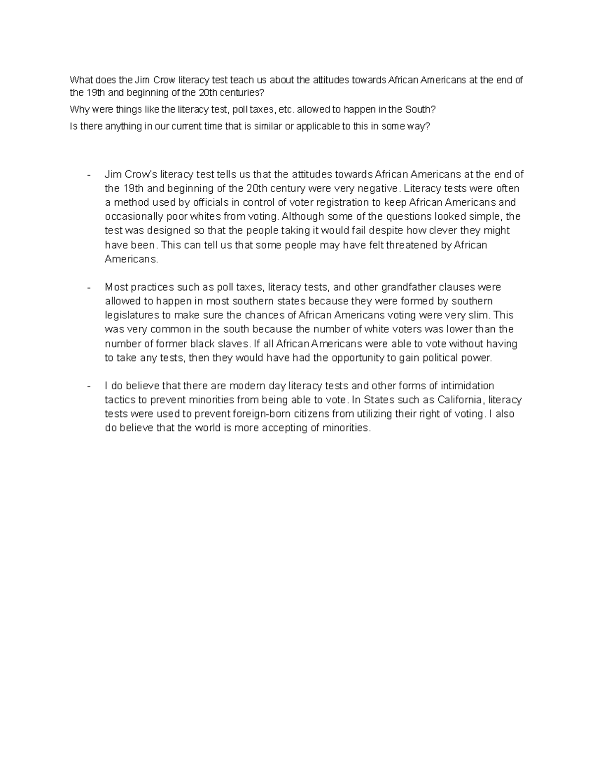 History Disscusion Board 2 - What does the Jim Crow literacy test teach ...