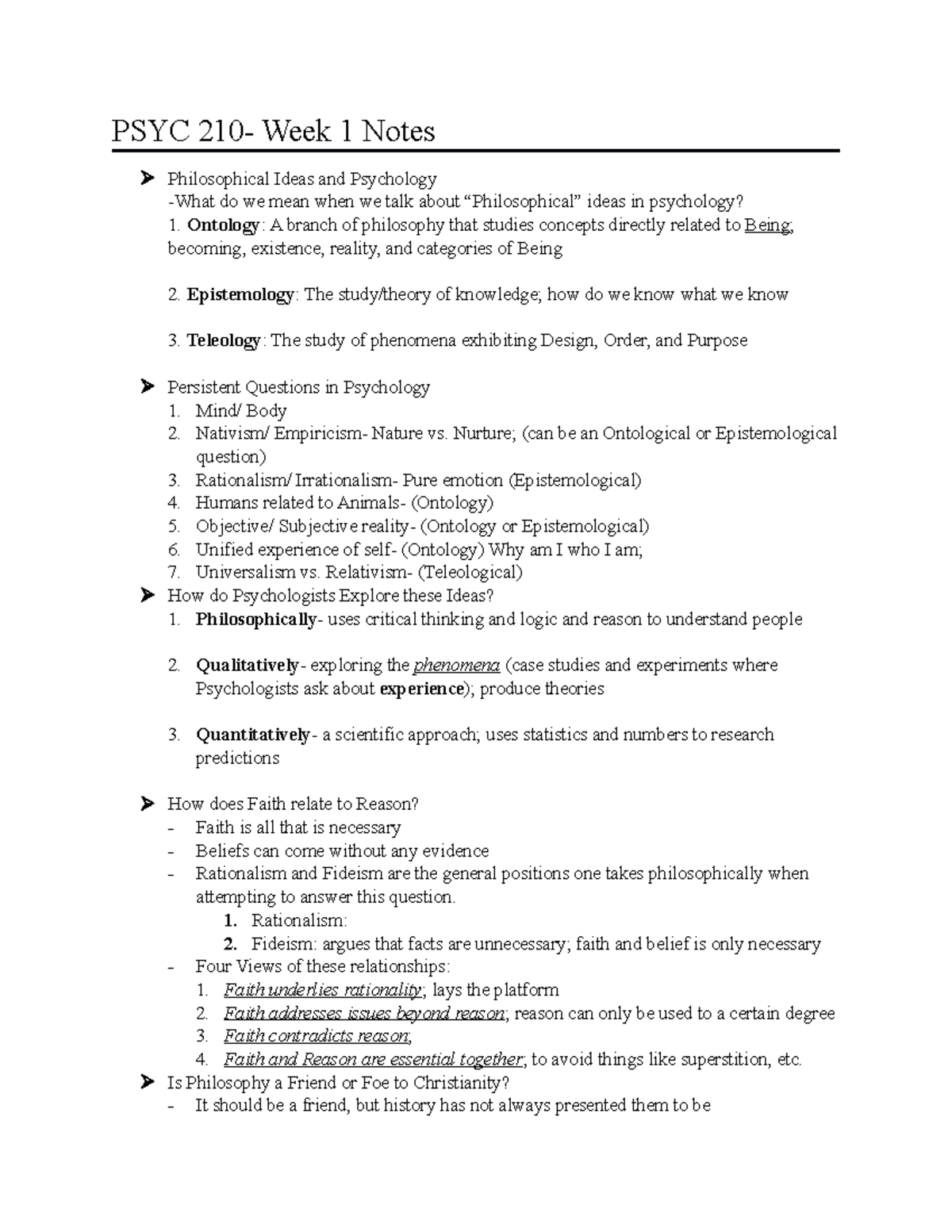 Weeks 1-8 Notes - PSYC 210- Week 1 Notes Philosophical Ideas and ...
