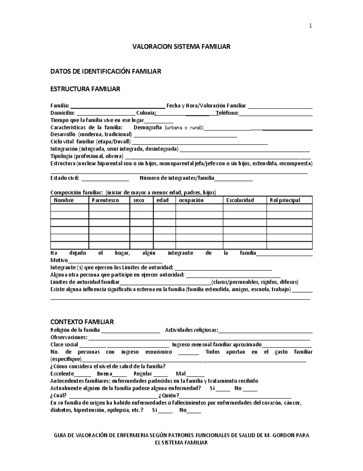 1 Guia de valoracion familiar - GUIA DE VALORACI”N DE ENFERMERIA SEG⁄N PATRONES FUNCIONALES DE ...