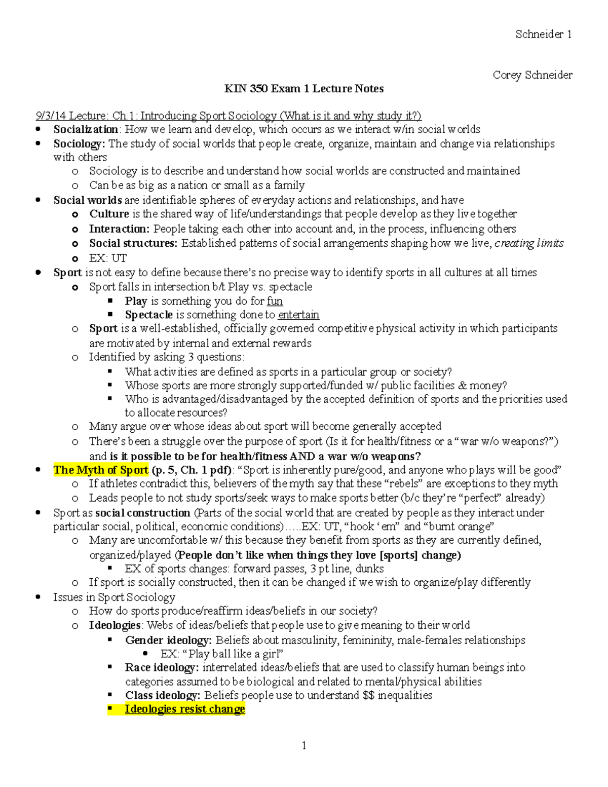 Lecture Notes, Exam 1 Lecture and Lab Notes - Corey Schneider KIN 350 ...