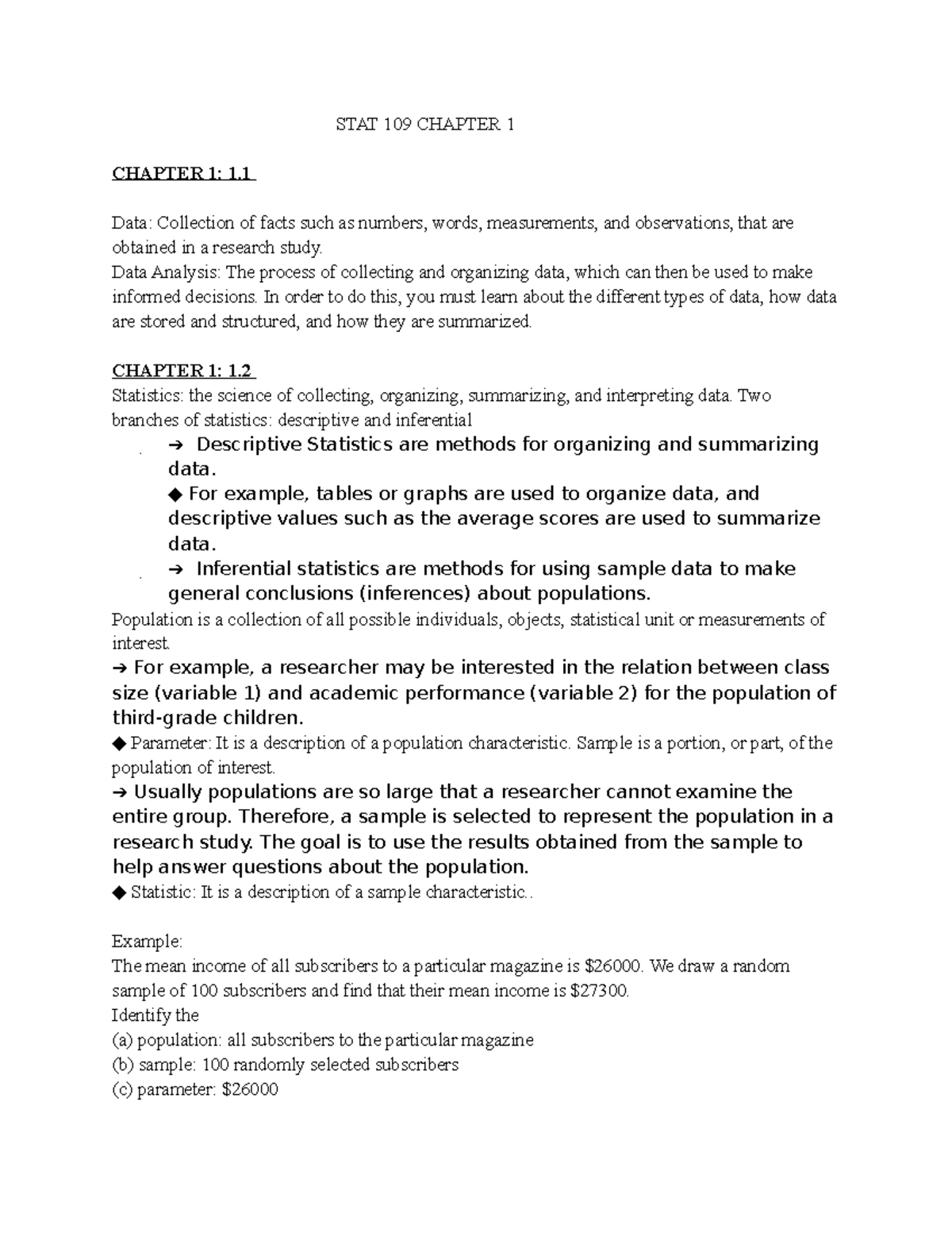 Stat 109 chapter 1 notes - STAT 109 CHAPTER 1 CHAPTER 1: 1. Data ...