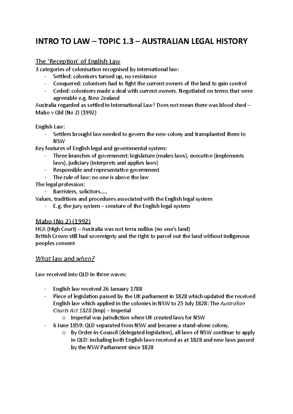 Topic 1.3 Lecture Notes - INTRO TO LAW – TOPIC 1 – AUSTRALIAN LEGAL ...
