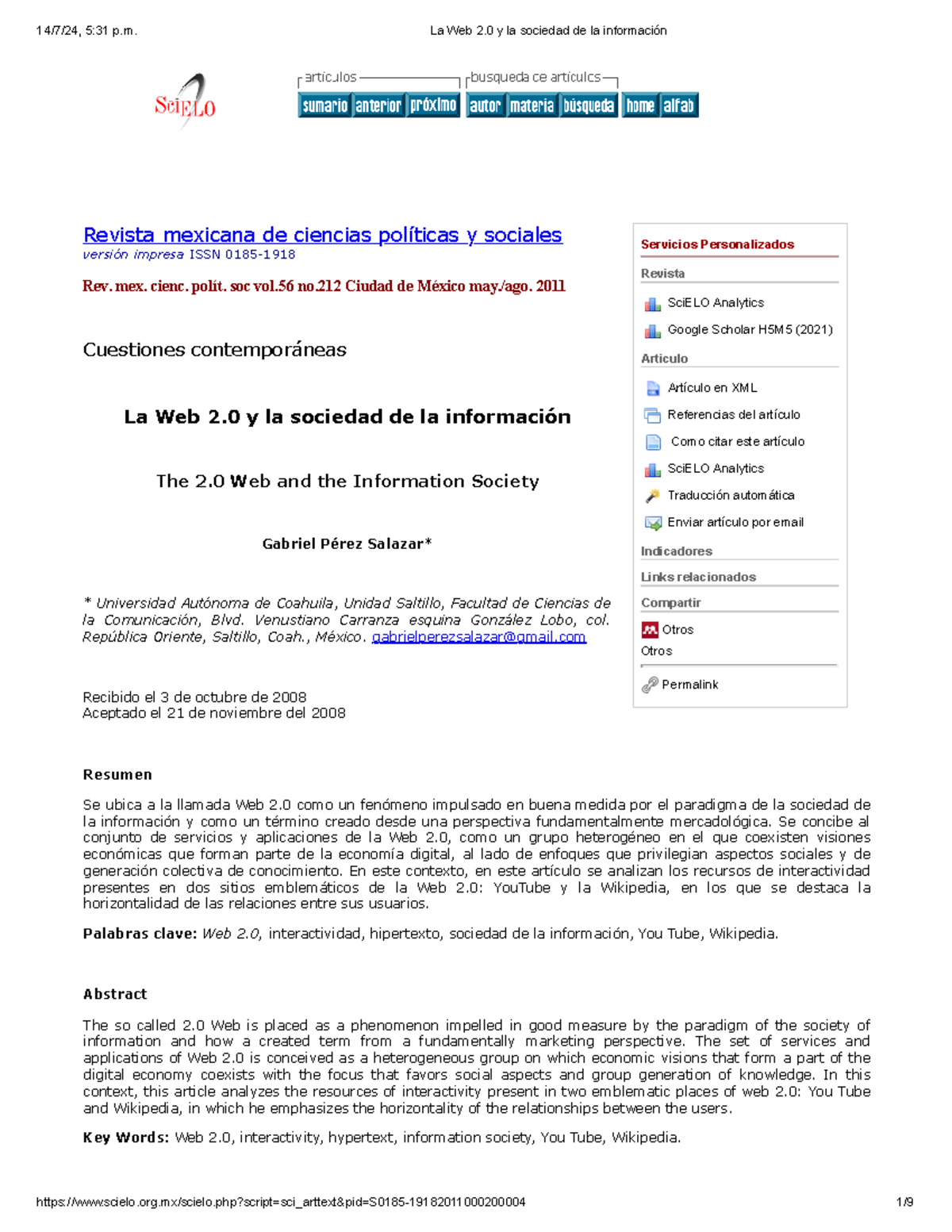 La Web 2.0 y la sociedad de la información - Servicios Personalizados Revista SciELO Analytics ...