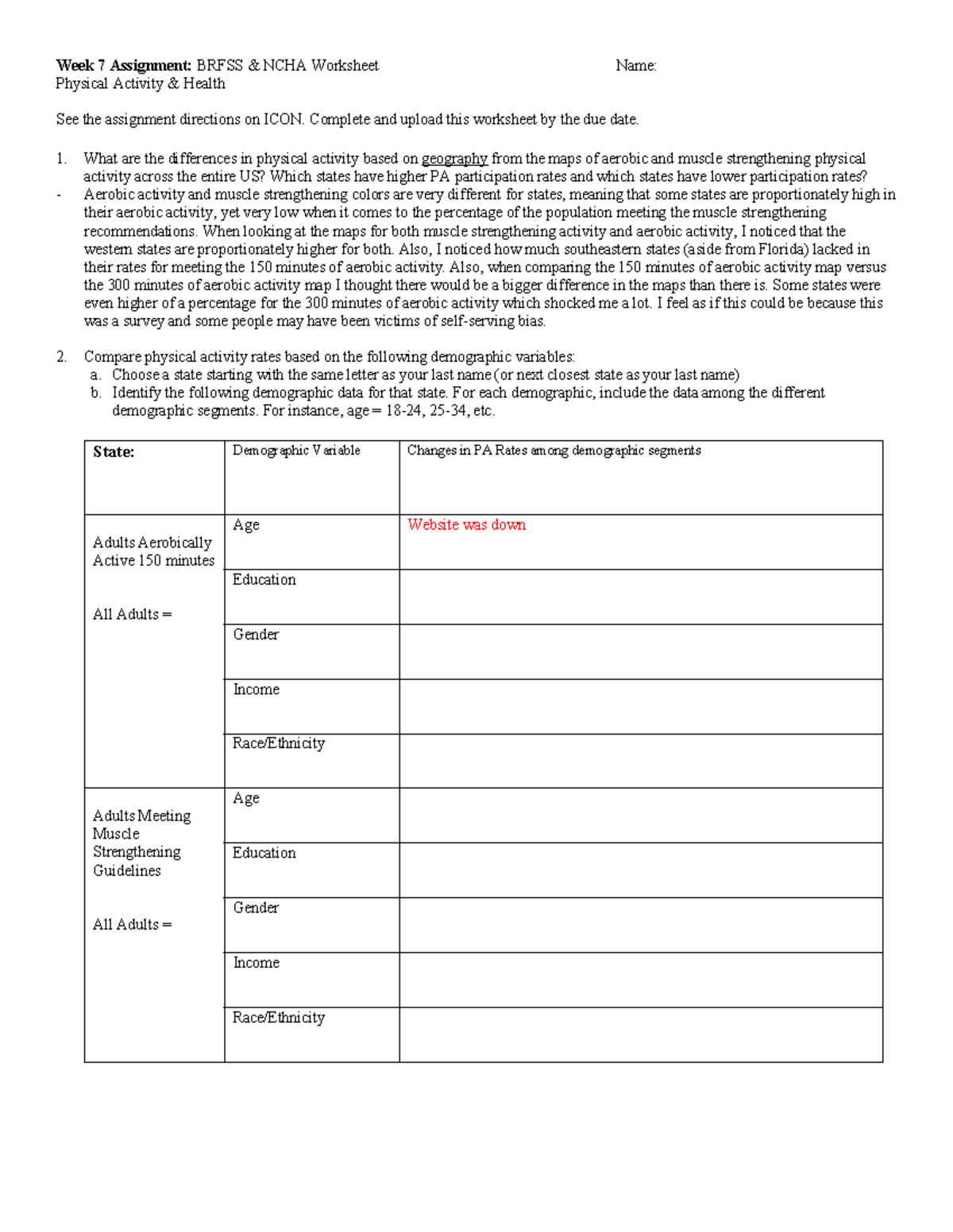 Assignment 7 upload - Week 7 Assignment: BRFSS & NCHA Worksheet Name ...
