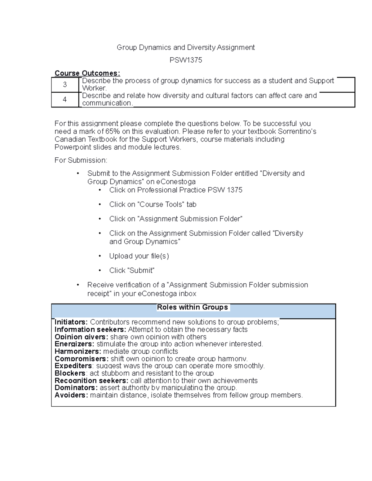 Culture and Diversity Assignment - Group Dynamics and Diversity Assignment PSW Course Outcomes ...
