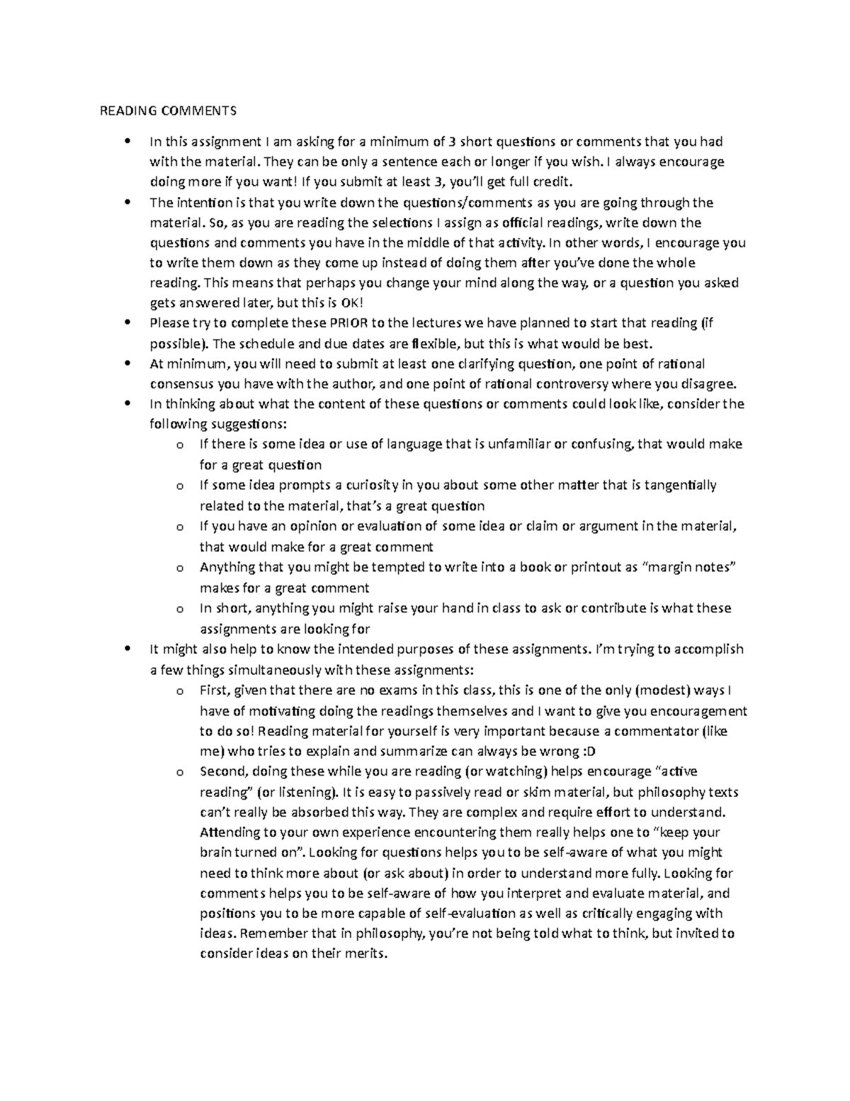 PHIL101 - Bulleted Description of Reading Comments and Journals ...