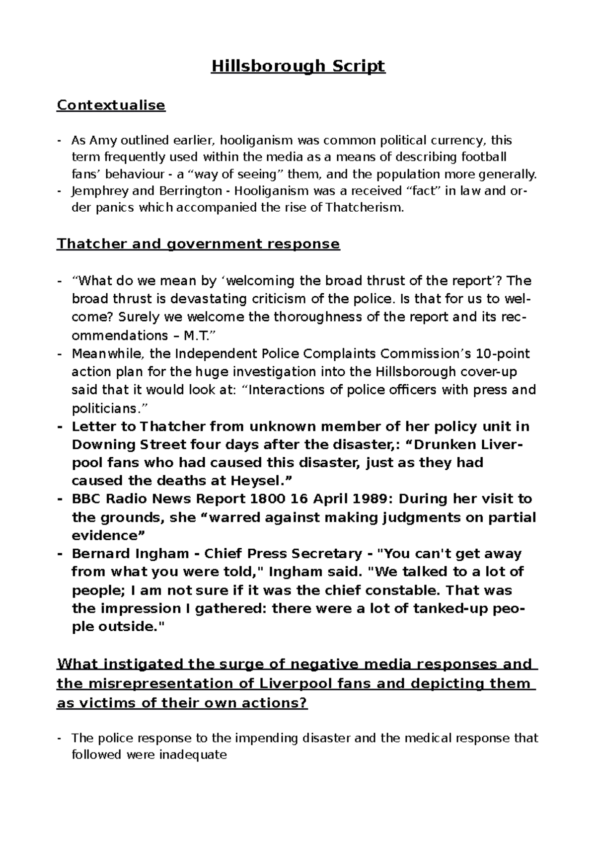 Presentation - Thatcher - Hillsborough Disaster - Hillsborough Script ...