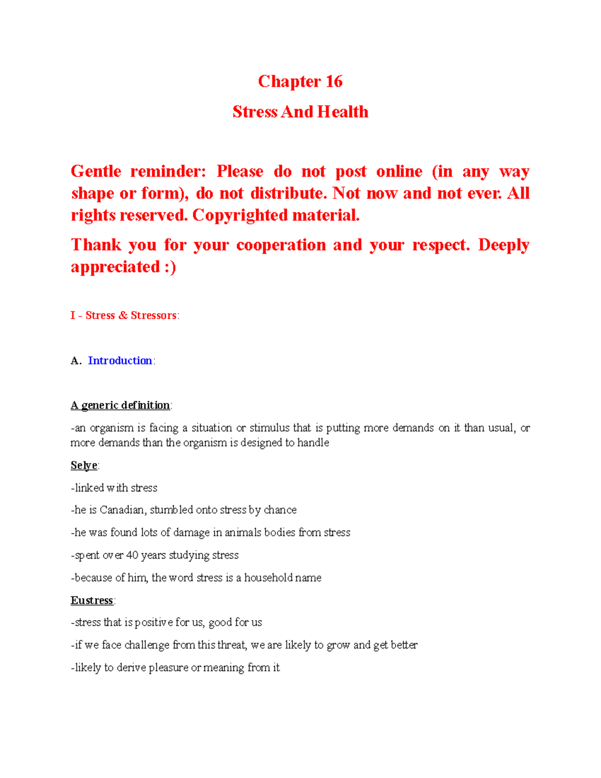 Bullet Points CH. 16 Stress & Health LECT 1 - Chapter 16 Stress And Health Gentle reminder ...