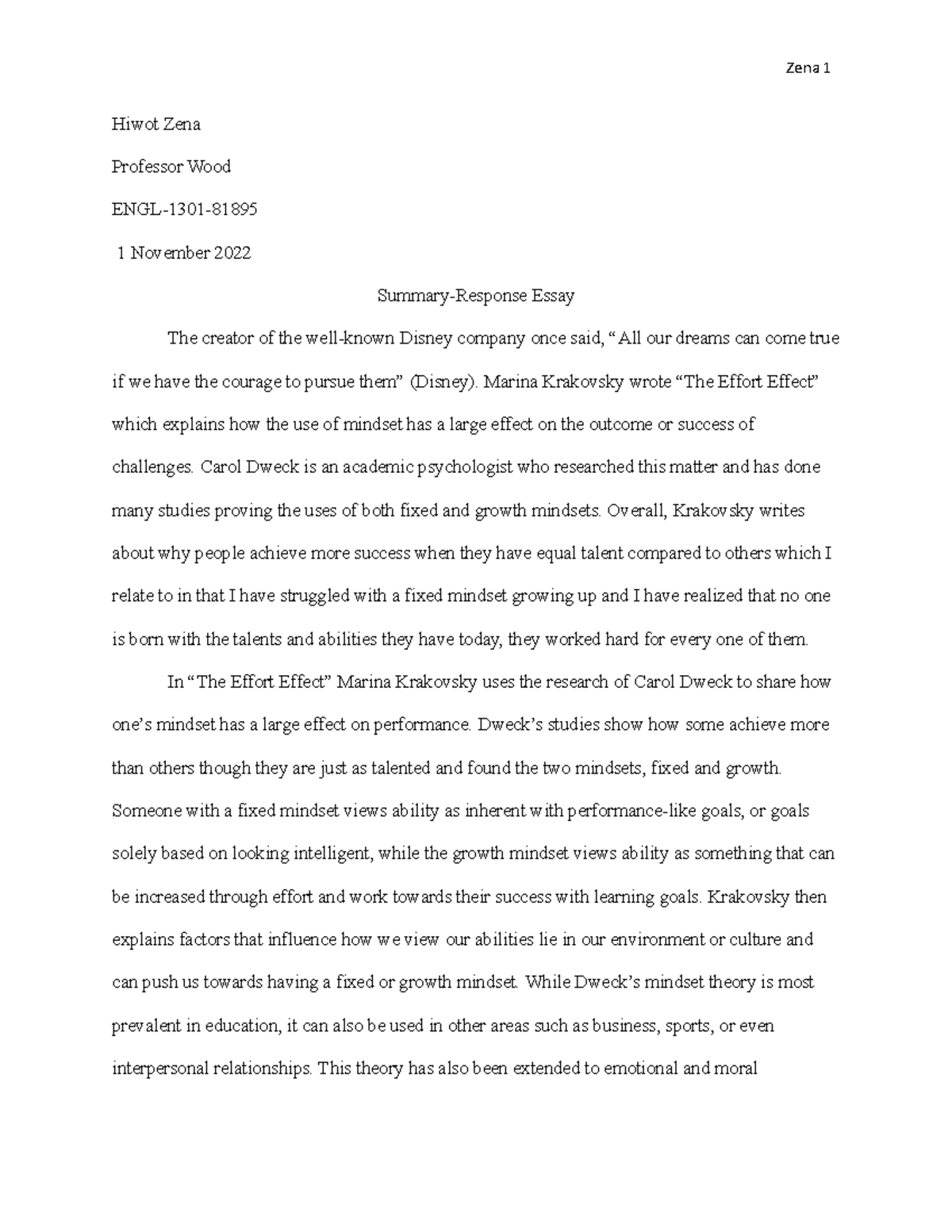 Summary-response essay - Hiwot Zena Professor Wood ENGL-1301- 1 ...