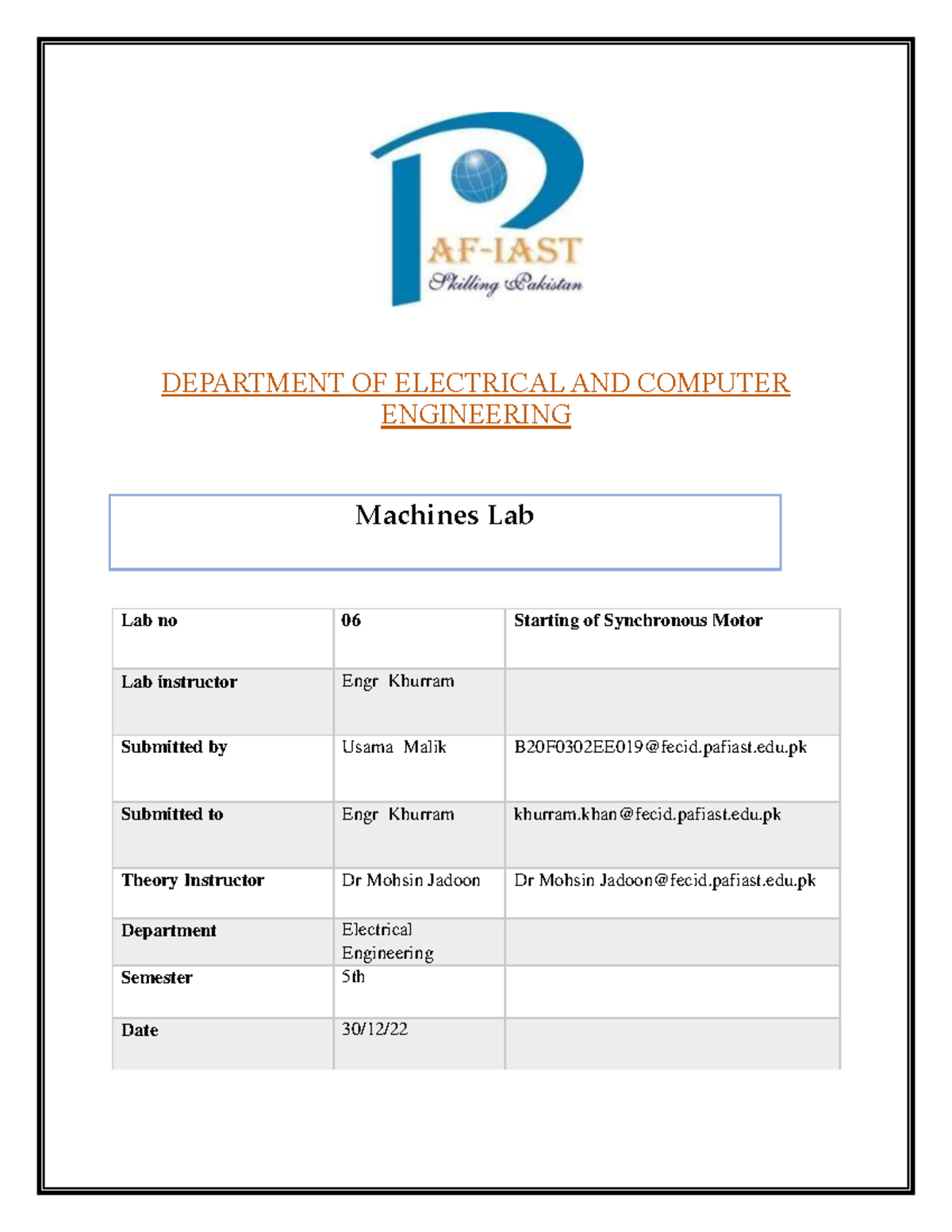 Starting a synchronous motor - Lab no Lab instructorDEPARTMENT OF ...